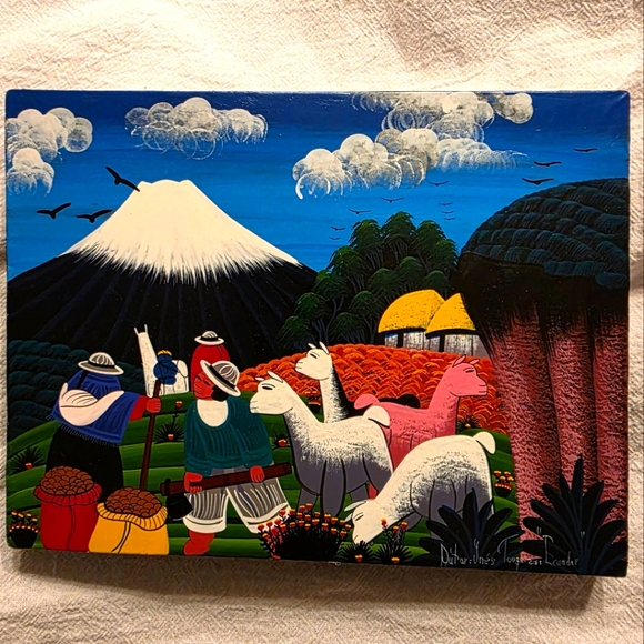 Handmade | Art | Tiqua Ecuador Folk Art Painting On Sheepskin Signed ...
